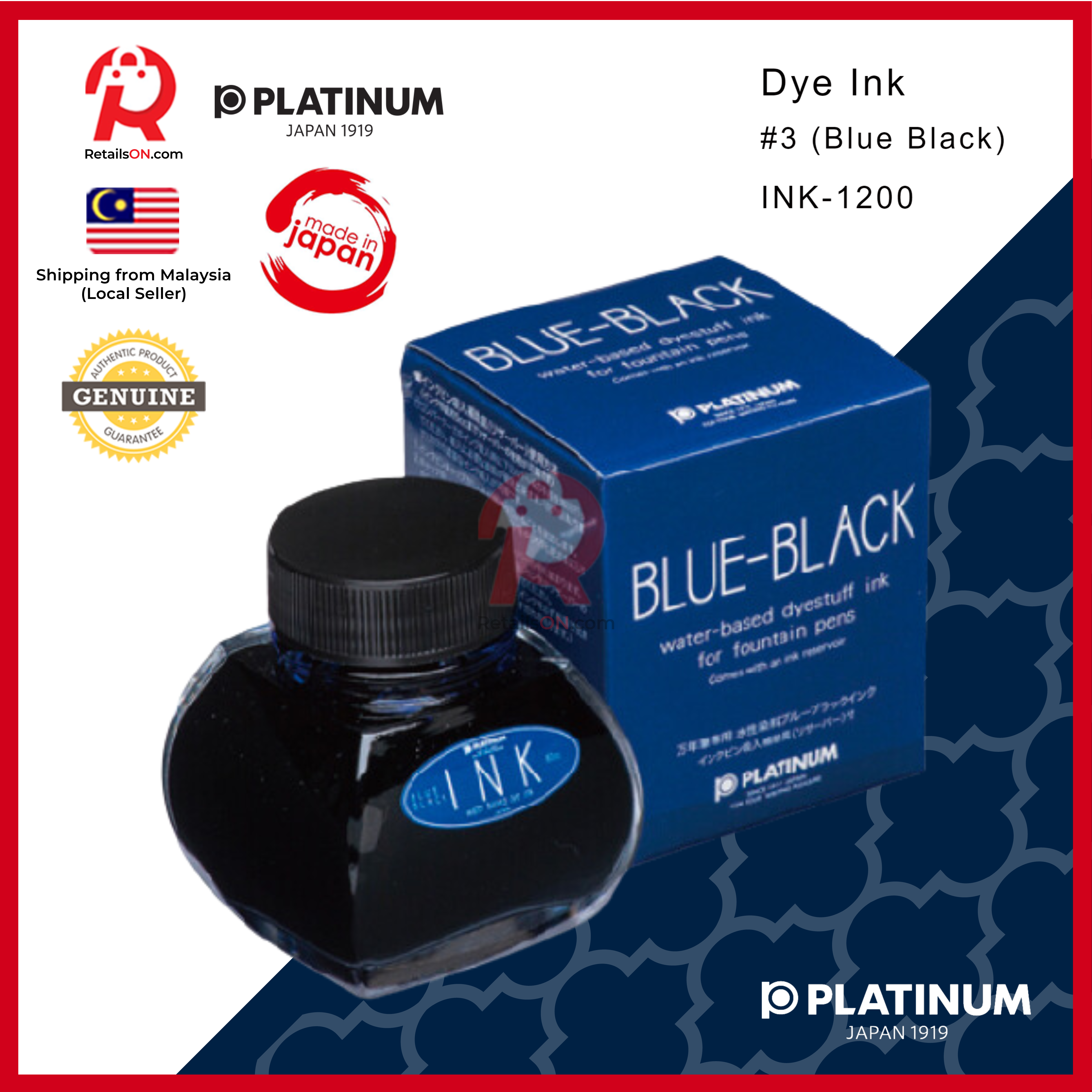 Platinum Dye Ink Bottle 60ml – #3 Blue Black / Fountain Pen Ink Bottle ...