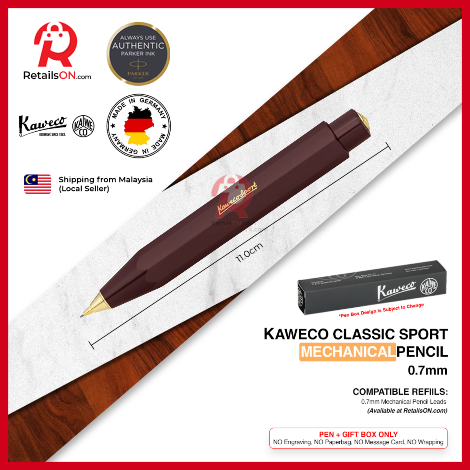 Kaweco Classic SPORT Mechanical Pencil - Burgundy Red Gold Trim (0.7mm ...
