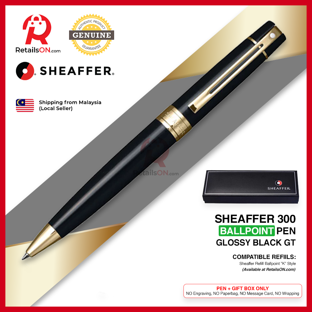 Sheaffer 300 Ballpoint Pen - Black Gold Trim (with Black - Medium (M ...