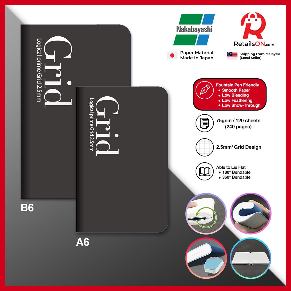 Nakabayashi Logical Prime Grid Notebook - Black - Fountain Pen Friendl ...